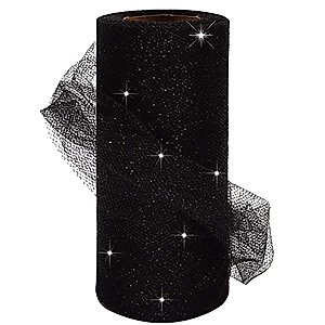 Ableme Deco Black Glitter Tulle Fabric Rolls, 6 Inch by 25 Yards (75 feet) Ribbon Spool Sparkle Sequin Tulle for Tutu Gift Wrapping Wedding Bow Decoration Party Supplies (Black)