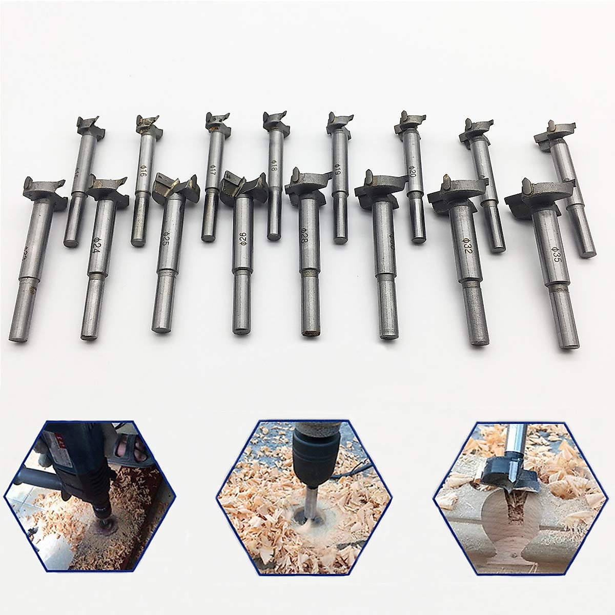 Forstner Drill Bit Sets,16 Pcs Tungsten High Speed Steel Wood Working Hole Cutter Titanium Coated Wood Boring Hole Drilling Sets with Round Shank 19/32"-1-3/8"(15mm-35mm) by TLHOME