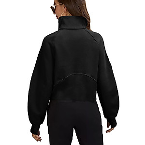Womens Sweatshirts Half Zipper Crop Pullover Funnel Neck Fleece Lined Zip Up Long Sleeve Tops Thumb Hole Black