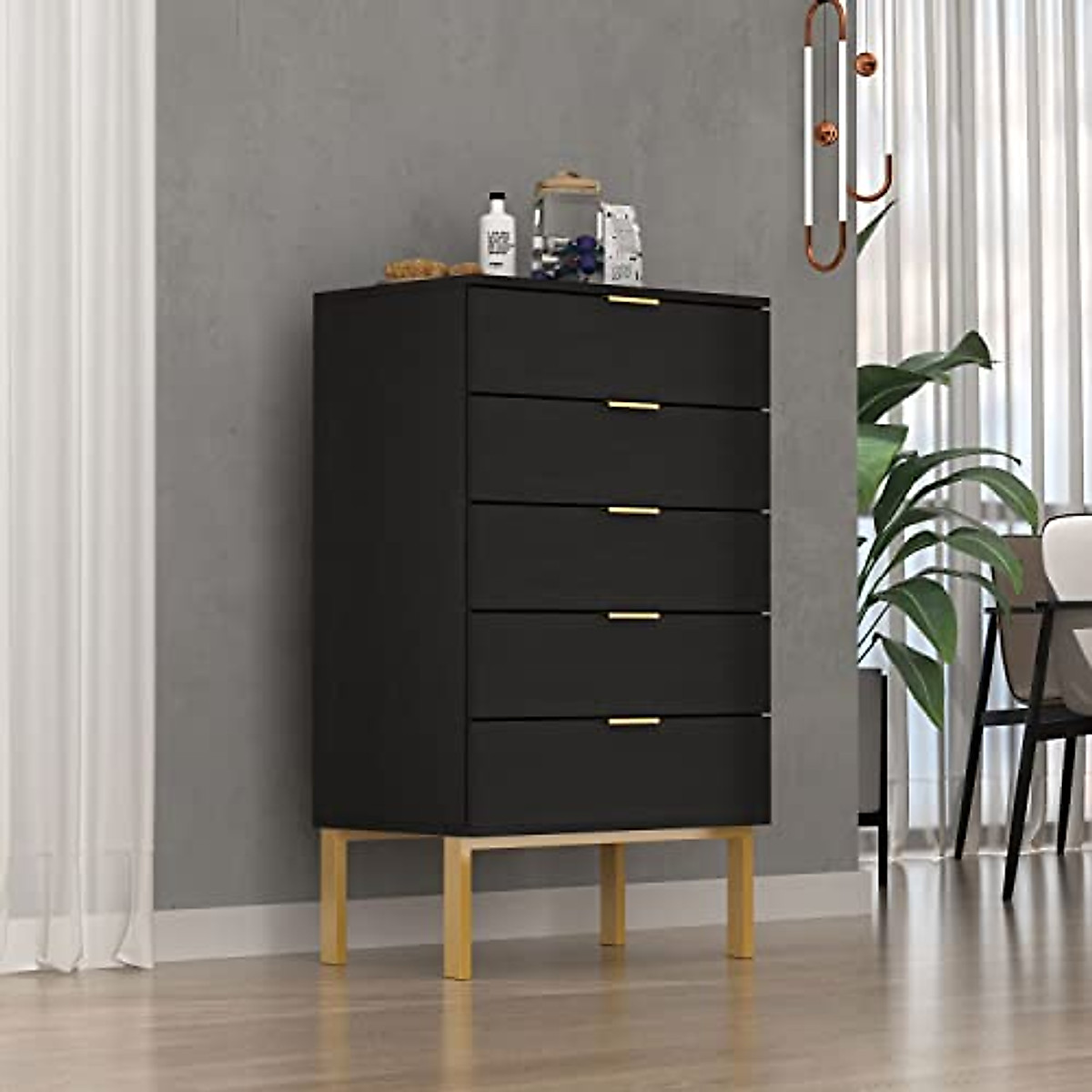 FAMAPY Chest of Drawers 5-Drawer Dresser with Straight Gold Metal Legs, Wood Storage Chest Drawer Organizer Large Storage for Bedroom Black (23.6”W x 15.7”D x 41.1”H)