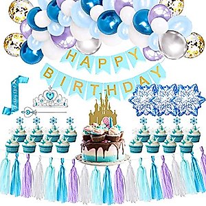 120 Pcs Frozen 2 Birthday Party Supplies, Winter Wonderland Balloons Thanksgiving Christmas New Year Party Decorations - Birthday 2nd 3rd 4th 5th Decor Includes Balloons, Banner, Paper Tassel