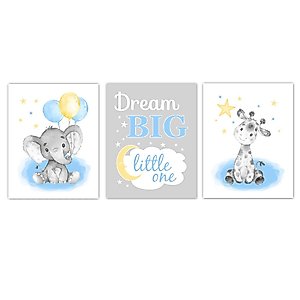 Baby Boy Nursery Wall Art Lion Giraffe Safari Animals Decor 3 UNFRAMED PRINTS