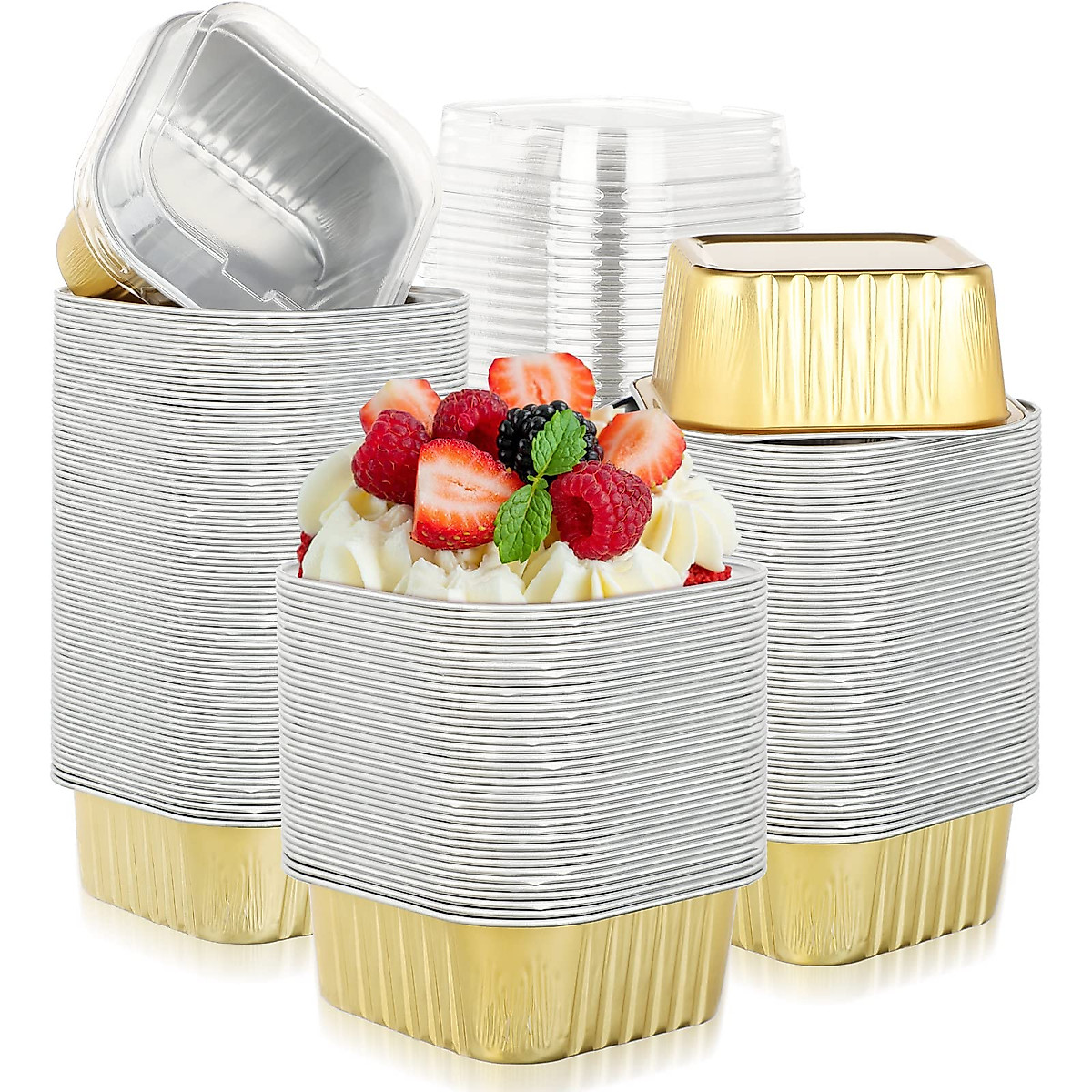 200 Pcs 5 oz Aluminum Foil Baking Cups with Lids 150 ml Foil Cupcake Containers Disposable Ramekins Mini Creme Brulee Pudding Cups Square Muffin Liners Flan Cups for Wedding Christmas Birthday Party