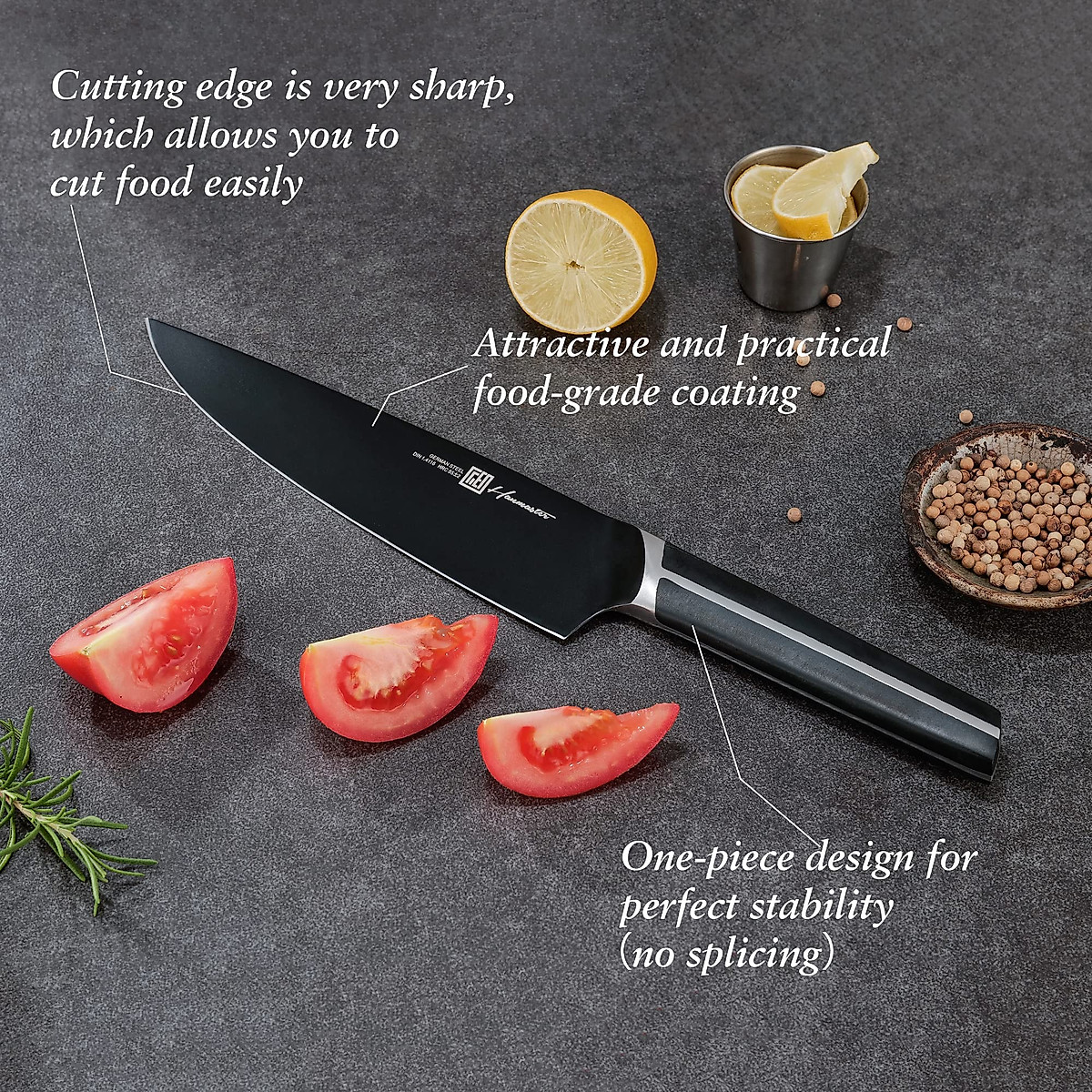 Kitchen Knife Set, Hanmaster 7 Pieces German Steel Knives Set for Kitchen with Acacia Wood Block, Kitchen Scissors, Gift Box Packed.