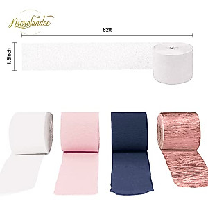 NICROLANDEE 8 Rolls Navy-Blue Pink Rose Gold Crepe Paper Streamers for Gender Reveal, Birthday, Wedding, Bridal Shower, Baby Shower, Bachelorette, Engagement Party Decorations, 4.5cm x 25m