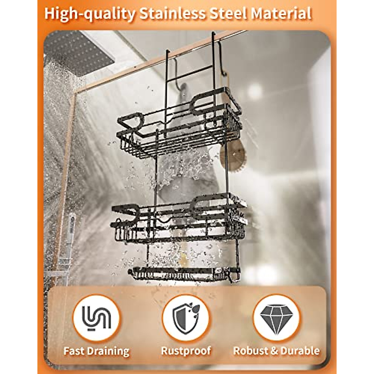 SWTYMIKI Over The Door Shower Caddy With Double Soap Holder, Stainless Steel Hanging Shower Organizer With 16 Hooks No Drilling Hanging Shower Caddy Over Door To Organize Bathroom Essentials, Black