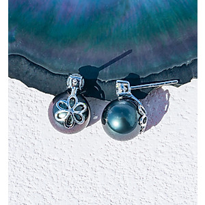 Mihiarii 11MM Tahitian Black Pearl Stud Earrings 10K Solid White Gold Moissanite Birthday Anniversary Mothers Day Valentines Day Christmas Gifts for Mom Her Women