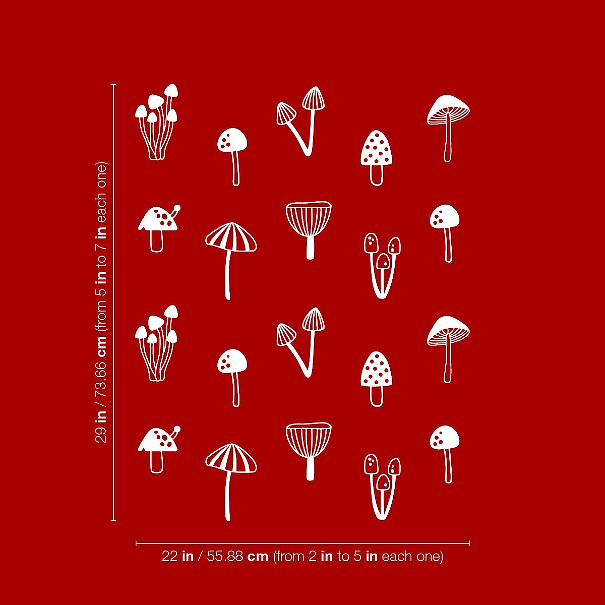 Set of 20 Vinyl Wall Art Decal - Mushroom Pattern - from 5" x 2" Each - Cool Adhesive Sticker Cute Design for Baby Kids Room Bedroom Playroom Home School Classroom Nursery Decor (White)