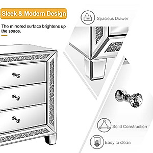 VINGLI Mirrored Nightstands Set of 2 Modern Bedside Table 3 Drawer Glass Side End Table Silver Dresser for Bedroom, 23”L x 13.8”W x 24.3”H