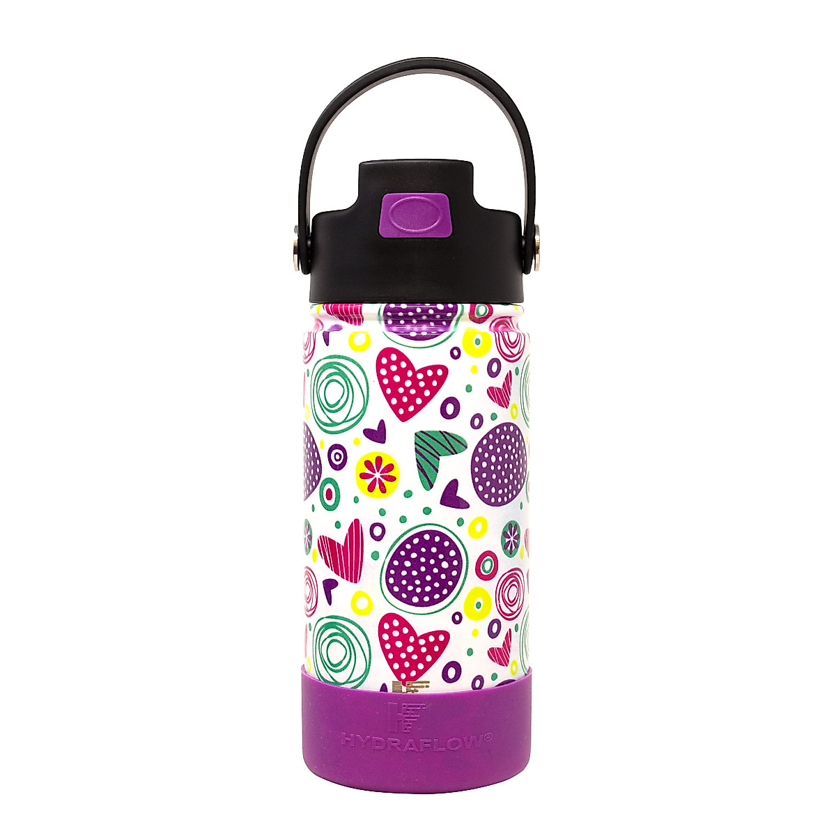 Hydraflow Hybrid Kids Water Bottle with Flip Straw Lid and Boot - Triple Wall Vacuum Insulated Water Bottle (14oz, Flower Hearts) Stainless Steel Metal Thermos, Reusable Leak Proof BPA-FREE