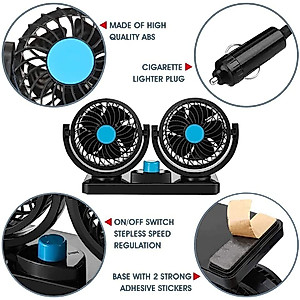 Car Fan 12V, Electric Car Cooling Fan with 360 Degree Adjustable Dual Head That Plugs into Cigarette Lighter/Quiet Noise Auto Fan for Car Truck Van SUV RV Boat Golf Vehicles