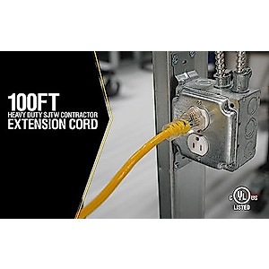 Yellow Jacket 2885 12/3 Heavy-Duty 15-Amp Premium SJTW Contractor Extension Cord with Lighted End, Ideal use With Heavy Duty Equipment and Tools, Durable Molded Plugs, 100 Feet, Yellow