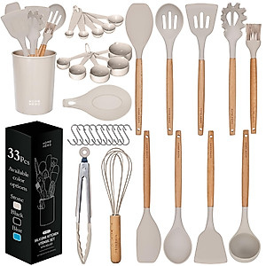 Home Hero 33 Pcs Kitchen Cooking Utensils Set, Non-Stick Silicone Cooking Kitchen Utensils Spatula Set with Holder, Wooden Handle Silicone Kitchen Gadgets Utensil Set (33 Pcs - Khaki)