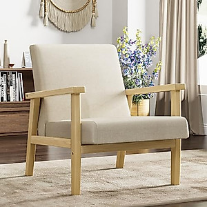 YESHOMY Mid-Century Modern Accent Chair with Solid Wood Frame and Thick Cushion for Living Room, Bedroom, Home Office, Set of 1, Beige