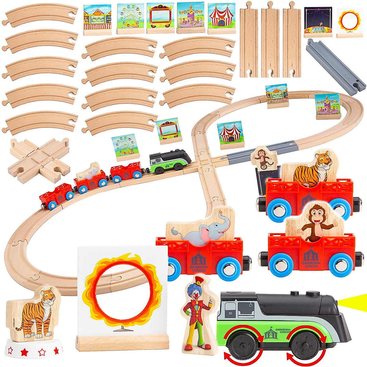 ORBRIUM 41 Pcs Battery Operated Motorized Light and Sound Circus on Wooden Railway Figure 8 Train Set Compatible with Thomas, Brio, Chuggington, Melissa & Doug