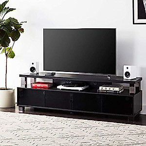 BOWERY HILL TV Stand for 80 Inch TV, Entertainment Console with Storage Shelf for Living Room, Tempered Glass Top and Wood, Black
