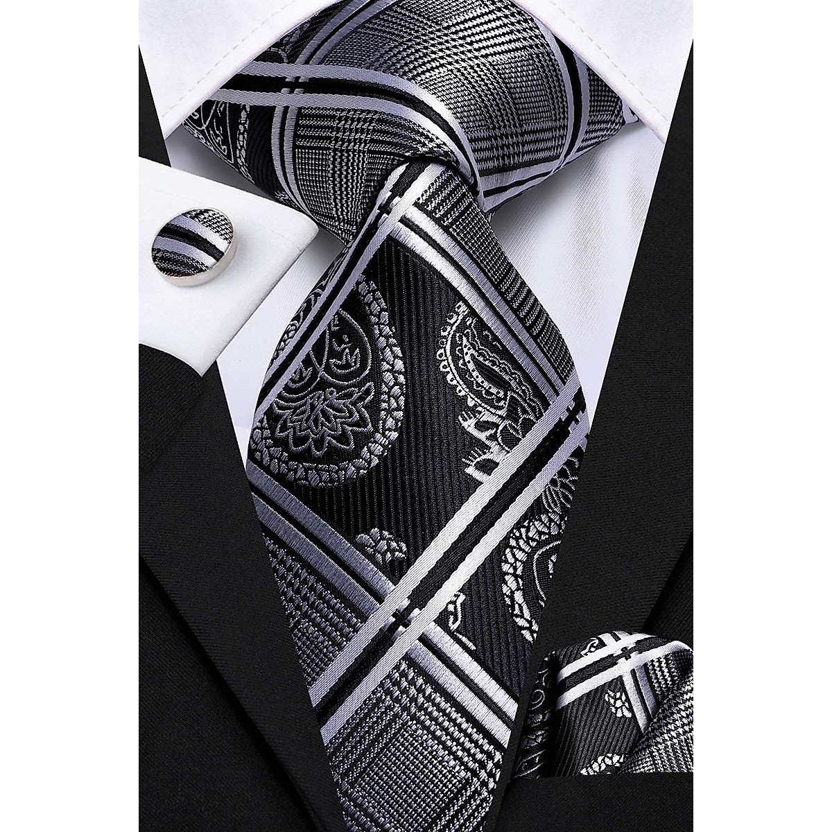 Hi-Tie 3/5 Pcs Gift Box Mens Tie Set Necktie with Pocket Square and Cufflinks Silk Neck Tie Collection,Black
