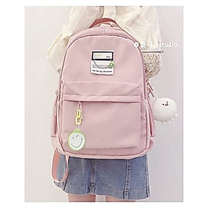 JHTPSLR Preppy Backpack Smiley Face Solid Preppy Aesthetic Backpack with Accessories Teen Girls Back to School Supplies (Pink)