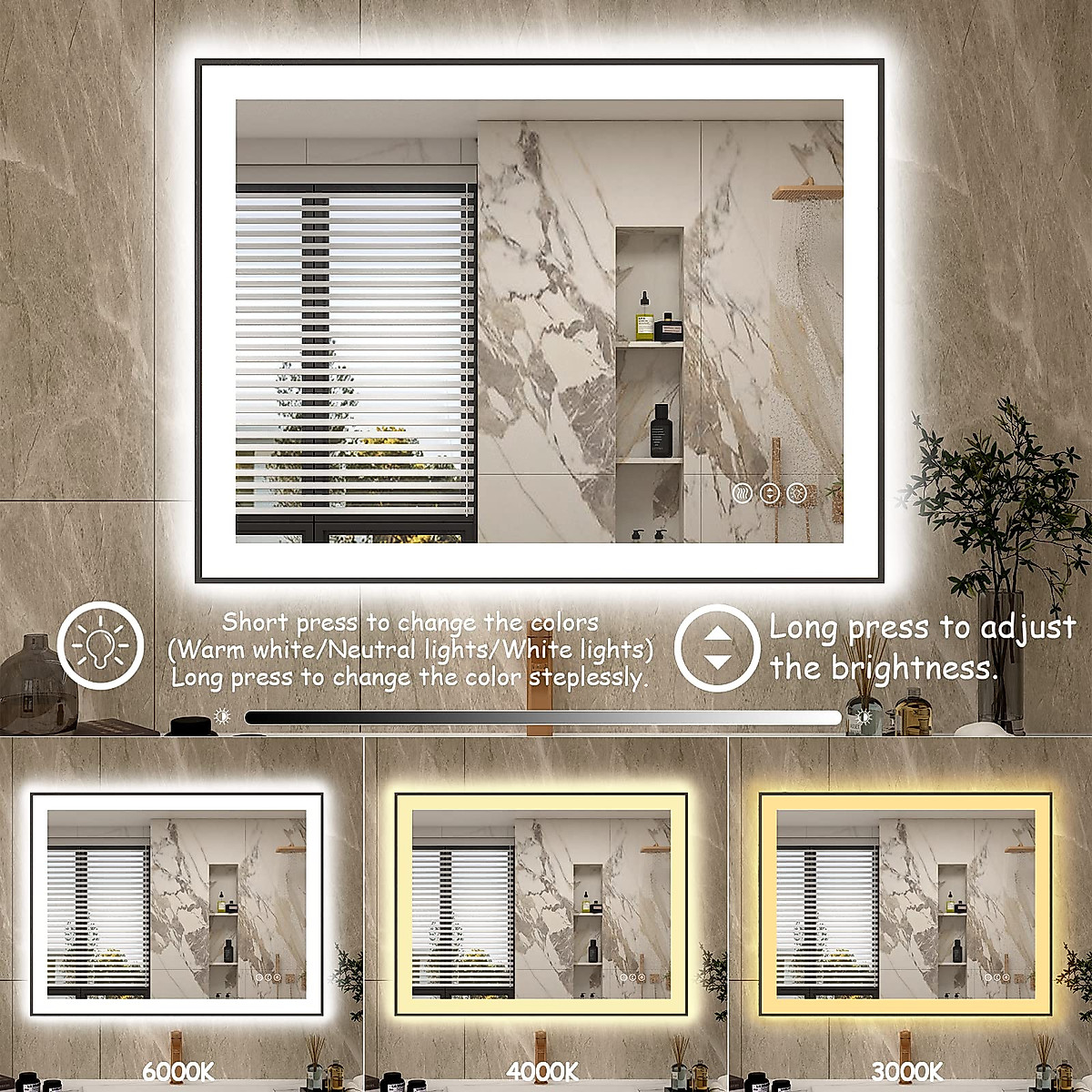 CHARMOR 40x32 Led Lighted Bathroom Mirror, Dimmable Framed Vanity Mirror with Lights, Backlit and Front Lighted Mirror for Wall, Anti-Fog(Horizontal/Vertical)