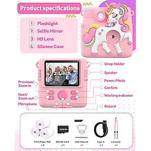 Kids Camera Instant Print with Silicone Cover, Creative Gifts for Girls Age 4-12 Birthday Christmas, 1080P Digital Camera Toy with 32GB SD Card - Pink