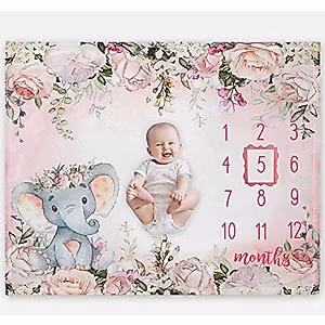 Popfavors Yuzioey Baby Girl Monthly Milestone Blanket, Floral Elephant Month Blanket for Newborn Baby Shower, Pink Elephant Girl Flower Blanket Growth Chart Monthly Blanket, Includes Marker (50x40)