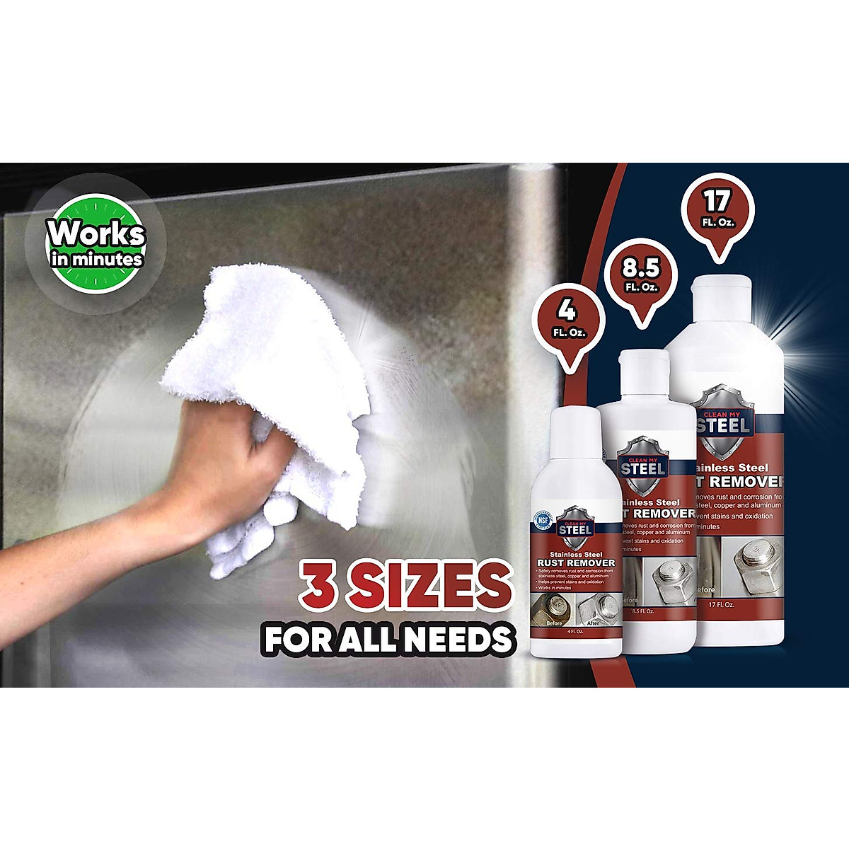 Stainless Steel Rust Remover & Cleaner, NSF Approved Safe for Food Areas. Non-Toxic Stainless Steel Cleaner for Appliances is Perfect for Rust Stains, Your Fridge, Best Knife or Pan & more (17 oz)