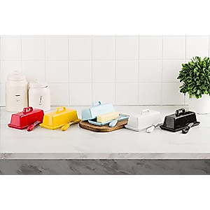 Ceramic Butter Dish Set with Lid and Knife - [Black]- Decorative Butter Stick Holder with Handle for 1 Stick of Butter - Microwave Safe, Dishwasher Safe - Anti-Scratch Stickers Included.
