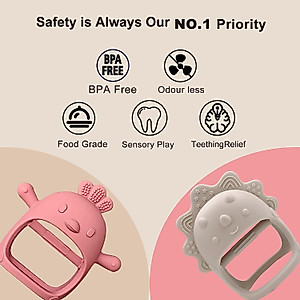 Baby Teething Toys, JUSONEY 2 Packs Anti-Drop Silicone Teething Mitten for Babies 3+ Months, Baby Teething Gloves 3D Chicken and Triceratops Shape Wrist Hand Teethers for Sucking Needs