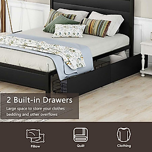 Altillo Queen Size Metal Platform Bed Frame with 2 Storage Drawers and Twin Size Trundle, Mattress Foundation with Tufted Headboard, No Box Spring Needed, Noise Free (Queen)