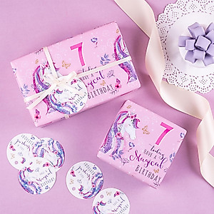 RUSPEPA Birthday Wrapping Paper Sheets with 7 Year Old Pink Pattern Great for Birthday Gift Wrap, 6 Fold on Sheets Each Set, 27 inches x 19 inches