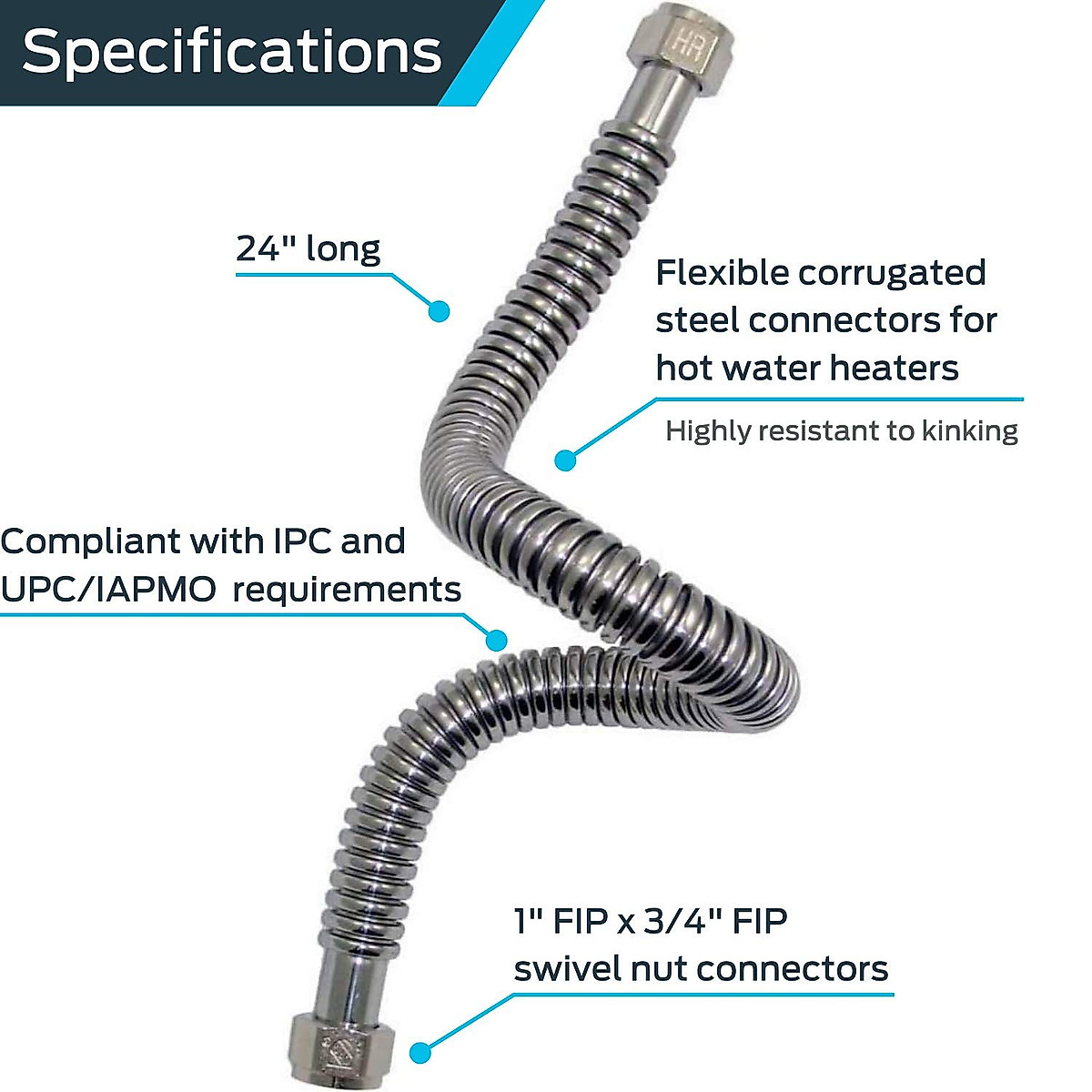 Holdrite QuickFlex 1 Inch FIP x 3/4 Inch FIP x 24 Inch Water Heater Connectors, Corrugated, Stainless Steel, QFC-17524