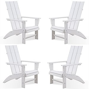 Psilvam Modern Adirondack Chairs Set of 4, Oversized Poly Lumber Fire Pit Chair, 350 Lbs Support Patio Chairs for Garden, Weather Resistant Adirondack Chair Looks Like Real Wood (4, White)