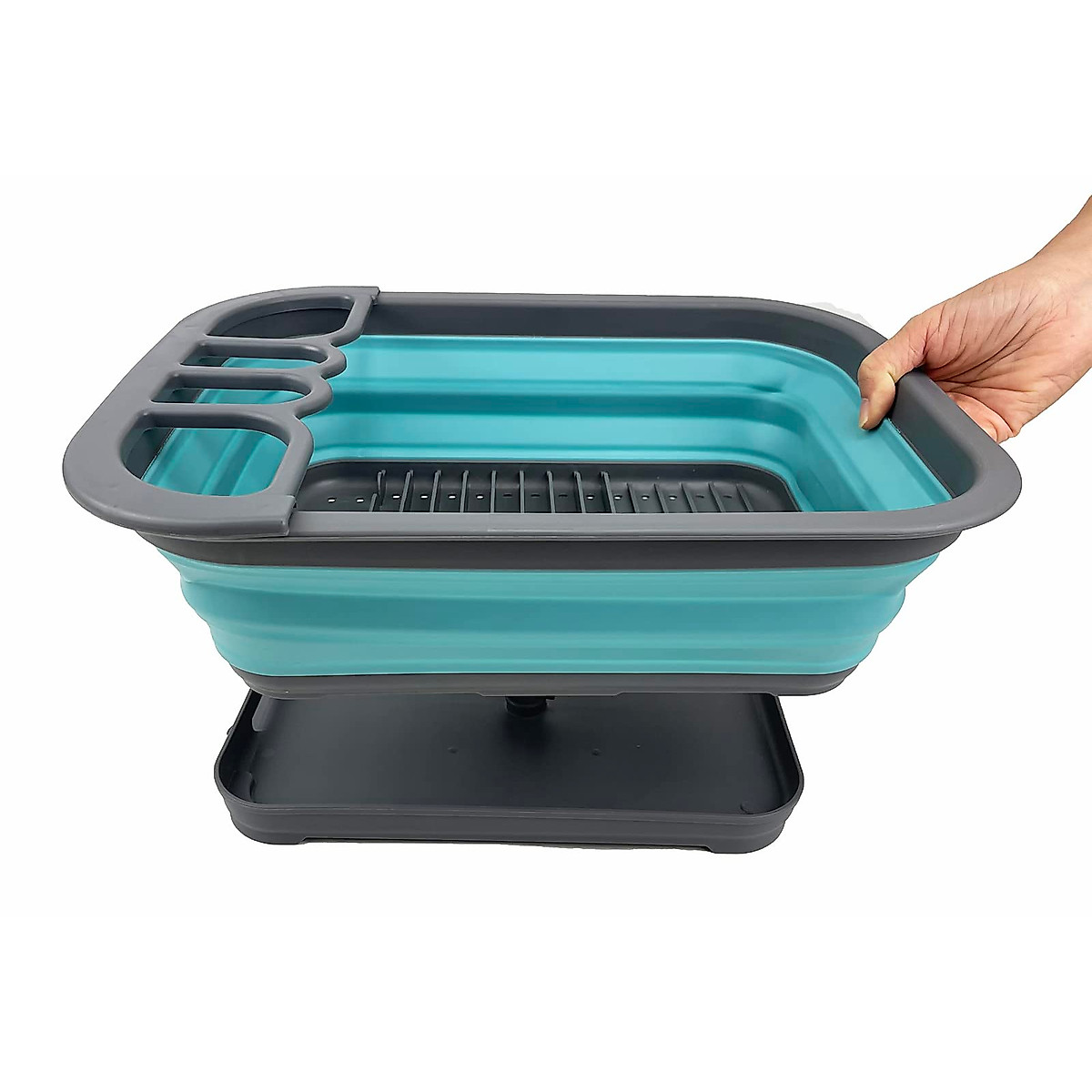 SAMMART 7.3L (1.9 Gallon) Collapsible Dish Drainer with Drainer Board - Foldable Drying Rack Set - Portable Dinnerware Organizer - Space Saving (Alloy Grey + Crystal Blue (Set of 2))