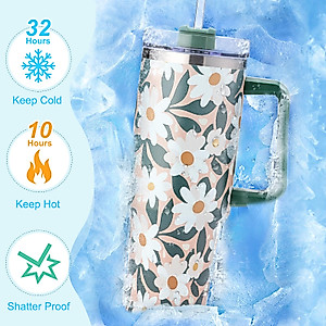 40 oz Tumbler with Handle and Straw, Flowers Insulated Travel Mug Iced Coffee Cup, Reusable Stainless Steel Insulated Water Bottle, Keeps Drinks Cold for 34 Hours, Dishwasher Safe, BPA Free
