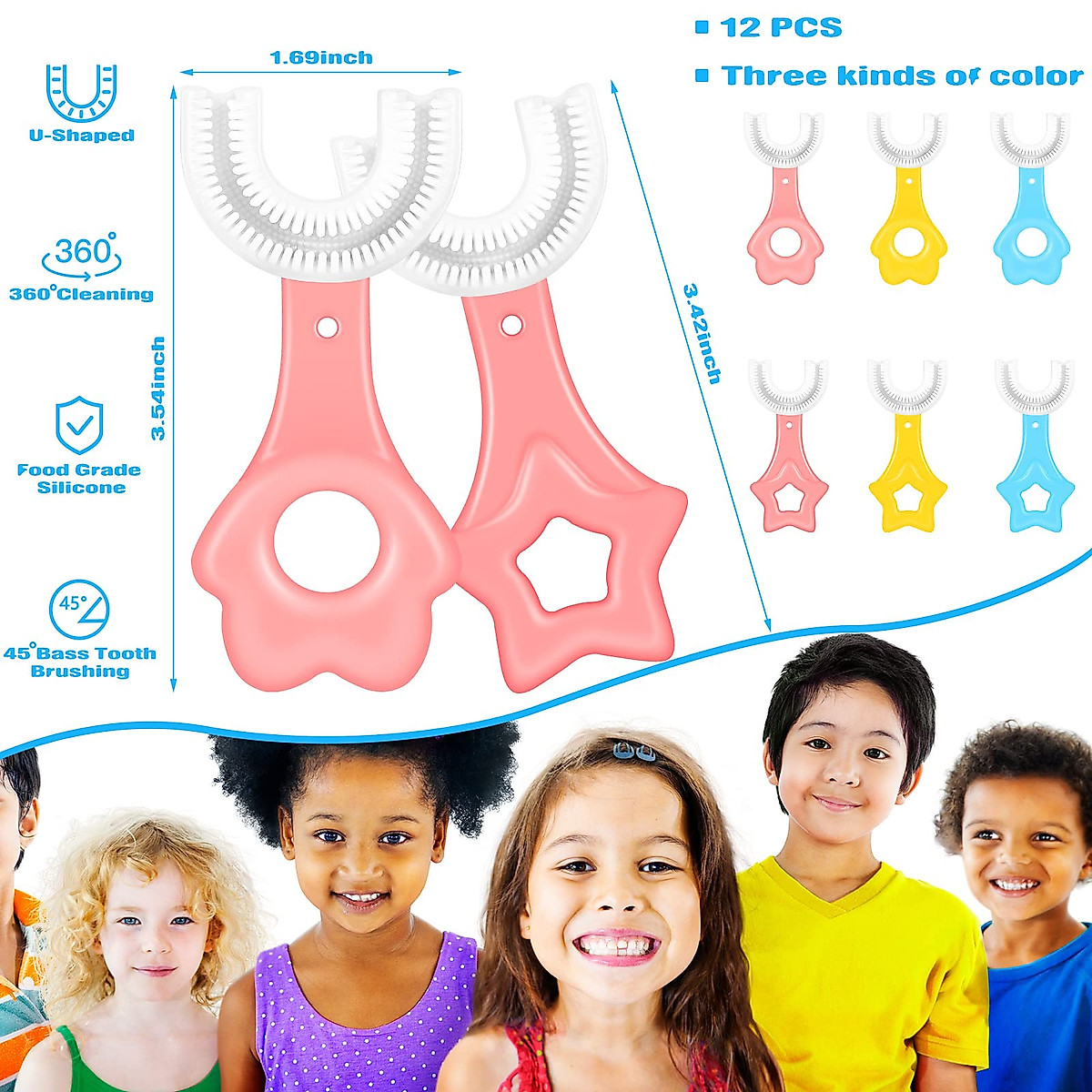 Mimorou 12 Pieces Kids U Shaped Toothbrush Soft Silicone Tooth Brushes Head 360 Degree Whole Mouth Toothbrush for Children Toddler (Classic Style)