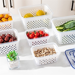 Fruit Vegetable Food Storage Containers for Fridge,Large Produce Saver Containers with Airtight Lid & Colander,3 in 1 Multifunction with Drain Basket Refrigerator Organizers for Fruits, Salad, Lettuce