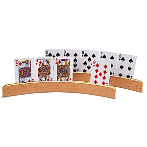 AMEROUS Wooden Playing Card Holders for Kids Seniors Adults, Long Enough Curved Wood Tray Rack Organizer for Card Game (Set of 4)