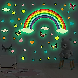 Large Rainbow Wall Decals Removable Star Butterfly Heart Cloud Wall Sticker Watercolor Rainbow Wallpaper Baby Room Vinyl Stickers Wall Decor for Nursery Rooms Girls Bedroom Decor (Glow Green Style)
