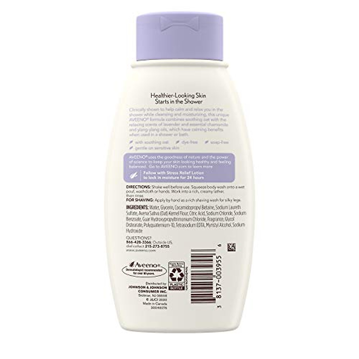 Aveeno Stress Relief Body Wash with Soothing Oat, Lavender, Chamomile & Ylang-Ylang Essential Oils, Dye- & Soap-Free Calming Body Wash for Shower Gentle on Sensitive Skin, 12 fl. oz