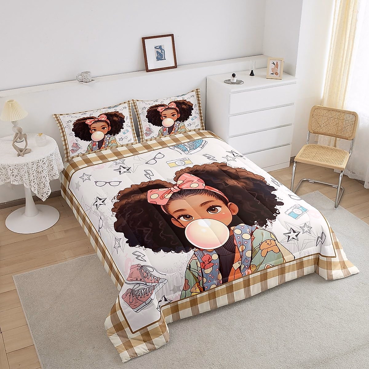 African Style American Comforter Sets Girls,Kids Cartoon Black Girls Bedding Set,Fashion Star Shoes Reversible Printed Quilted Duvet Teens Room Decor,Beige Brown Plaid Bedspread,1 Pillowcase