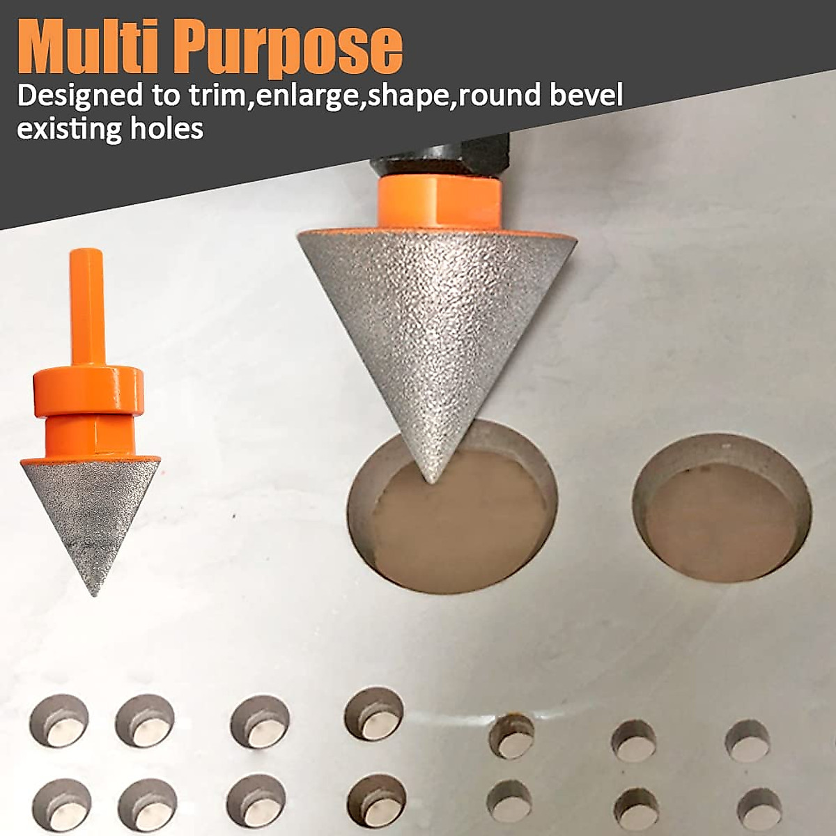 3Pcs 2" Diamond Beveling Chamfer Bits Tile Cone with 5/8-11 Thread Adapter 1" Diamond Finger Milling Bits for Existing Holes Enlarging Trimming in Tile Marble Porcelain Granite Ceramic