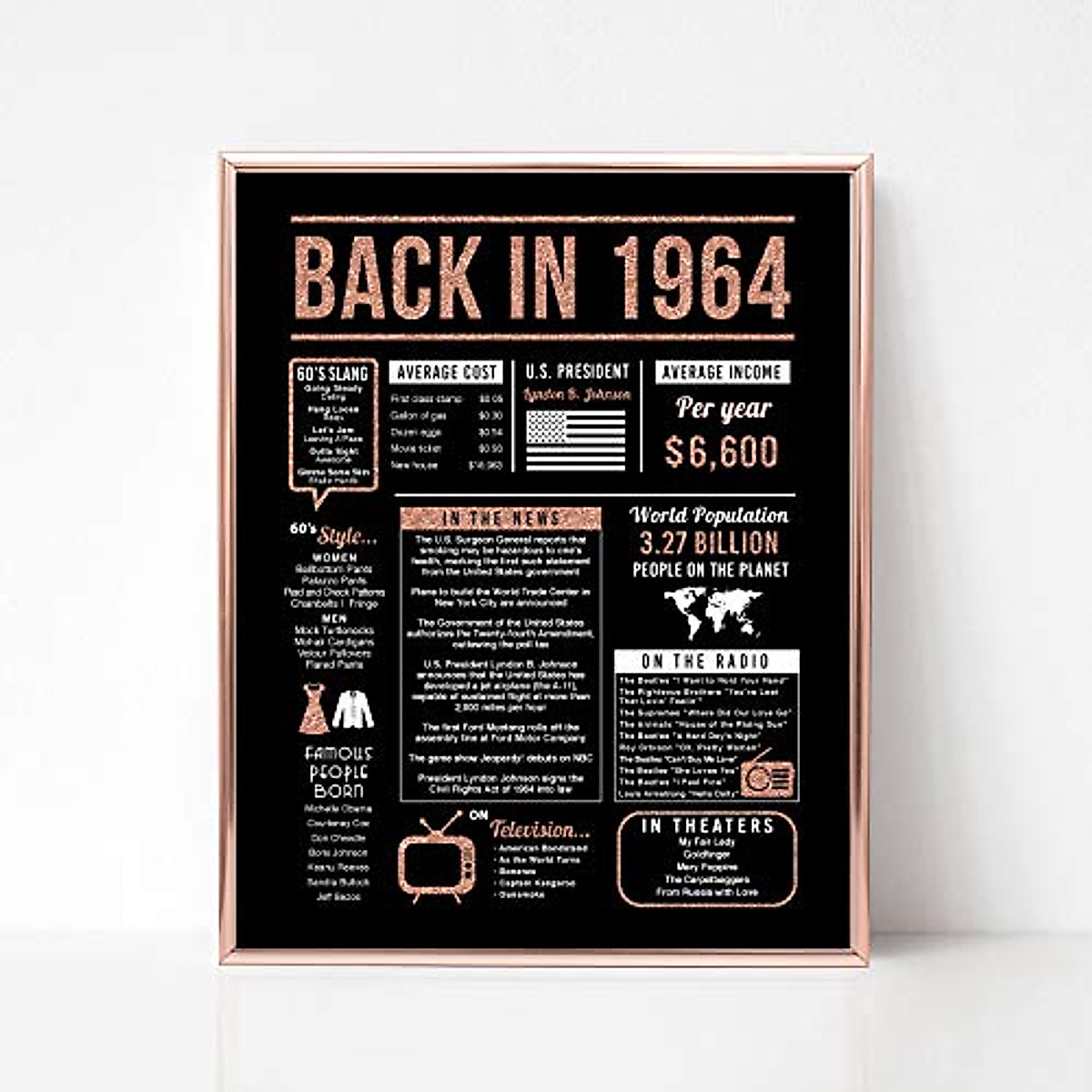 Katie Doodle Rose Gold 60th Birthday Decorations Party Supplies Anniversary Centerpiece Gifts for Women Turning 60 Years Old - Includes 8x10 Back in 1964 Print [Unframed], Rose Gold