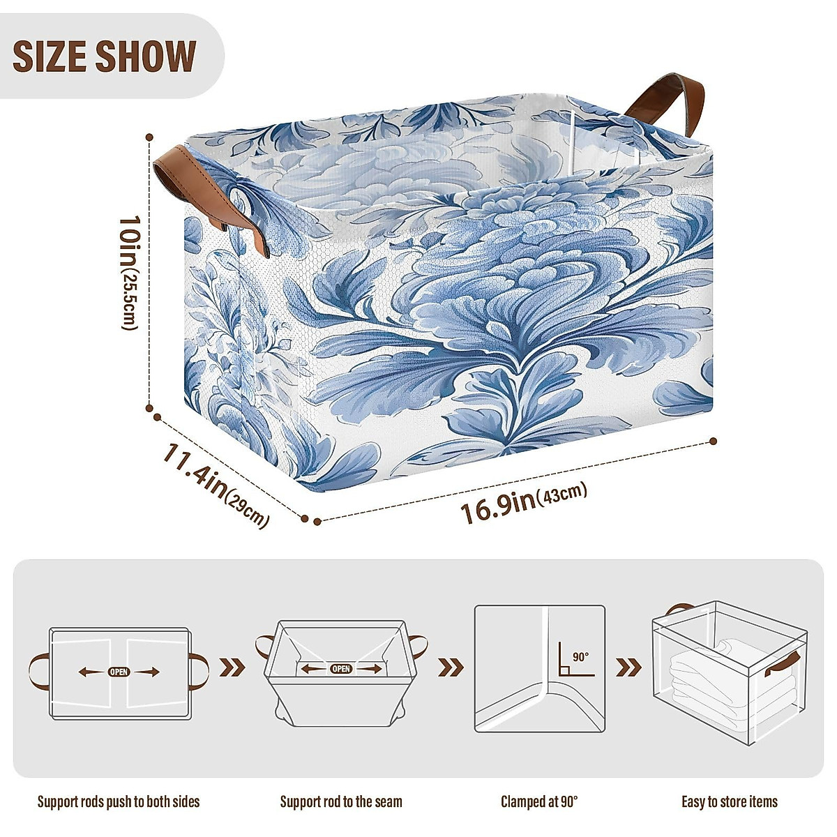 ATTX Blue Floral Pattern Storage Baskets,Large Decorative Collapsible Rectangular Waterproof Fabric Storage Bin for Home Office(16.9x11.4x10inch,1 Pack) #830