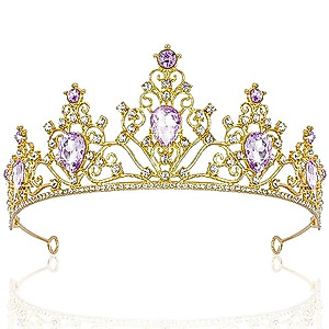 AHONEY Purple Gem Gold Tiara and Crown for Women, Crystal Mermaid Crown Rhinestone Princess Tiaras for Girls Rapunzel Crown for Wedding Birthday Prom Halloween Party