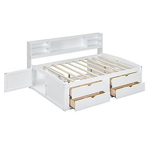 Merax Full Size Wood Daybed with 2 Bedside Cabinets, Upper Shelves and 4 Drawers, Full Daybed Sofa Bed for Living Room, Guest Room, White