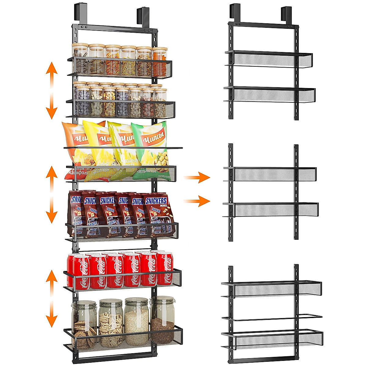 Over the Door Pantry Organizer, Pantry Door Organizer 6-Tier Mesh Basket, Pantry Hanging Storage Baskets with Adjustable Hooks Hanging & Wall Mounted，for Kitchen, Bathroom,Storage Room (Black)