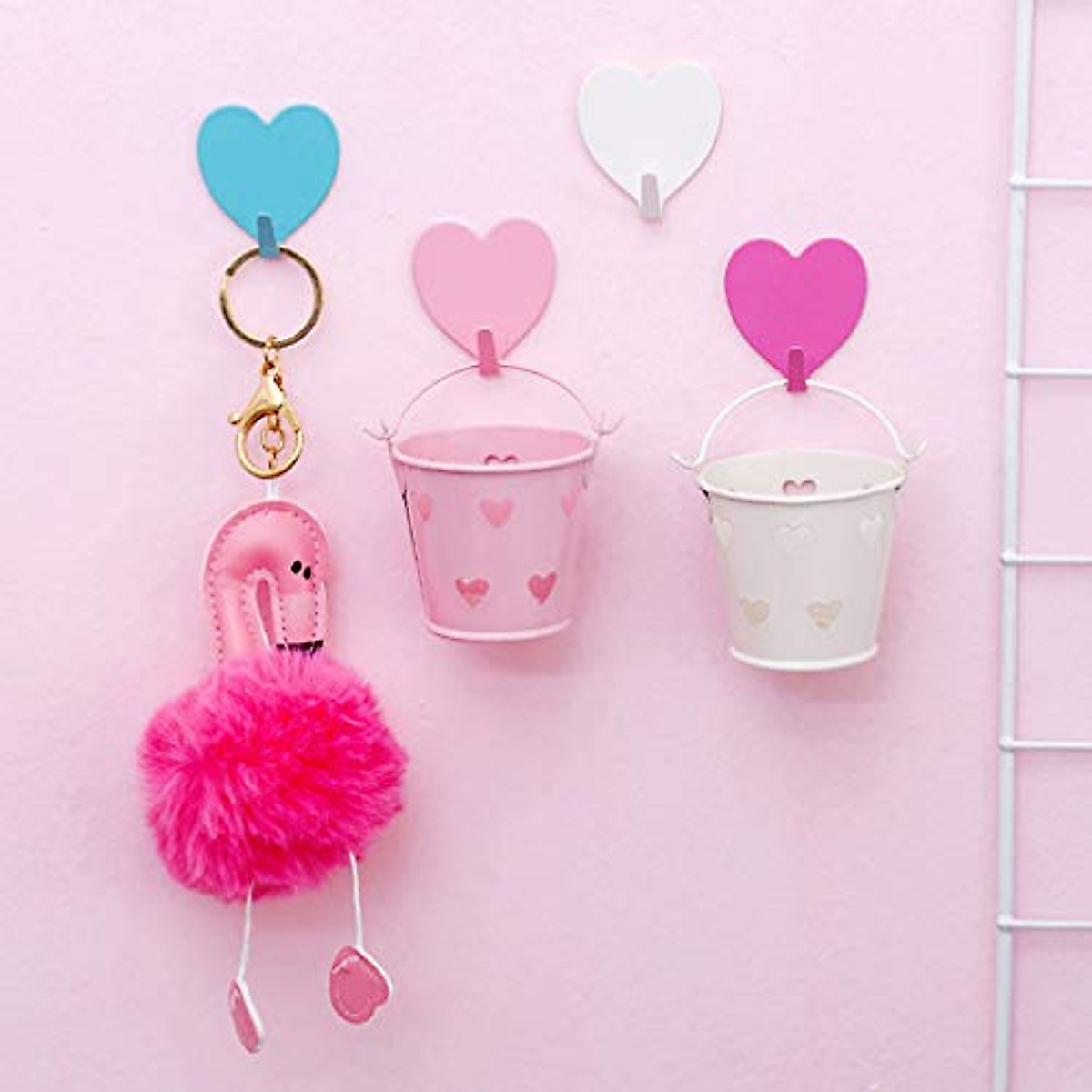 Hemoton 12 Pcs Iron Strong Heart Shaped Adhesive Hangers Wall Mounted Hooks Coat Hook Traceless Hanger for Bathroom Kitchen (Light Pink)