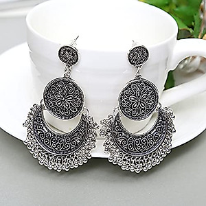 4 Pair Traditional Vintage Retro Antique Silver Gold Boho Bohemian Jewelry Ethnic Tribal Gypsy Engraved Hook Drop Dangle Jhumka Bells Tassel Earrings for Women -Style 1