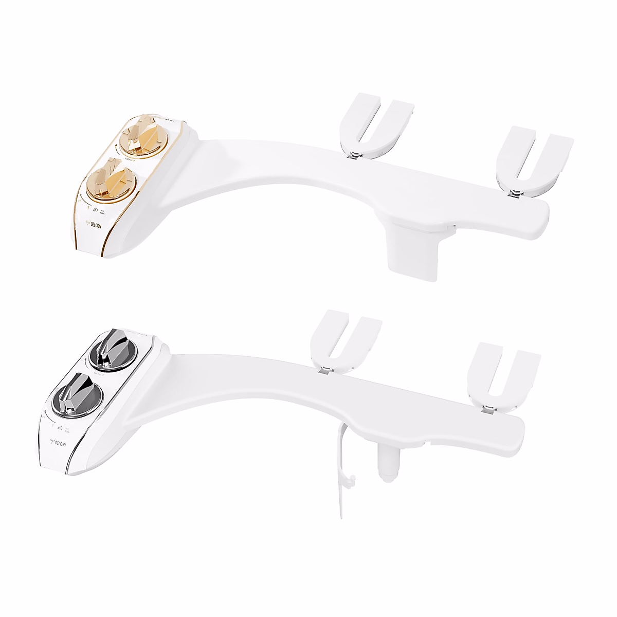 LUXE Bidet NEO 120 Plus - Value Pack of 2 - Patented Bidet Attachments for Toilet Seat with Innovative Hinges to Clean, Slide-in Easy Install, Advanced 360° Self-Clean (Gold and Chrome)