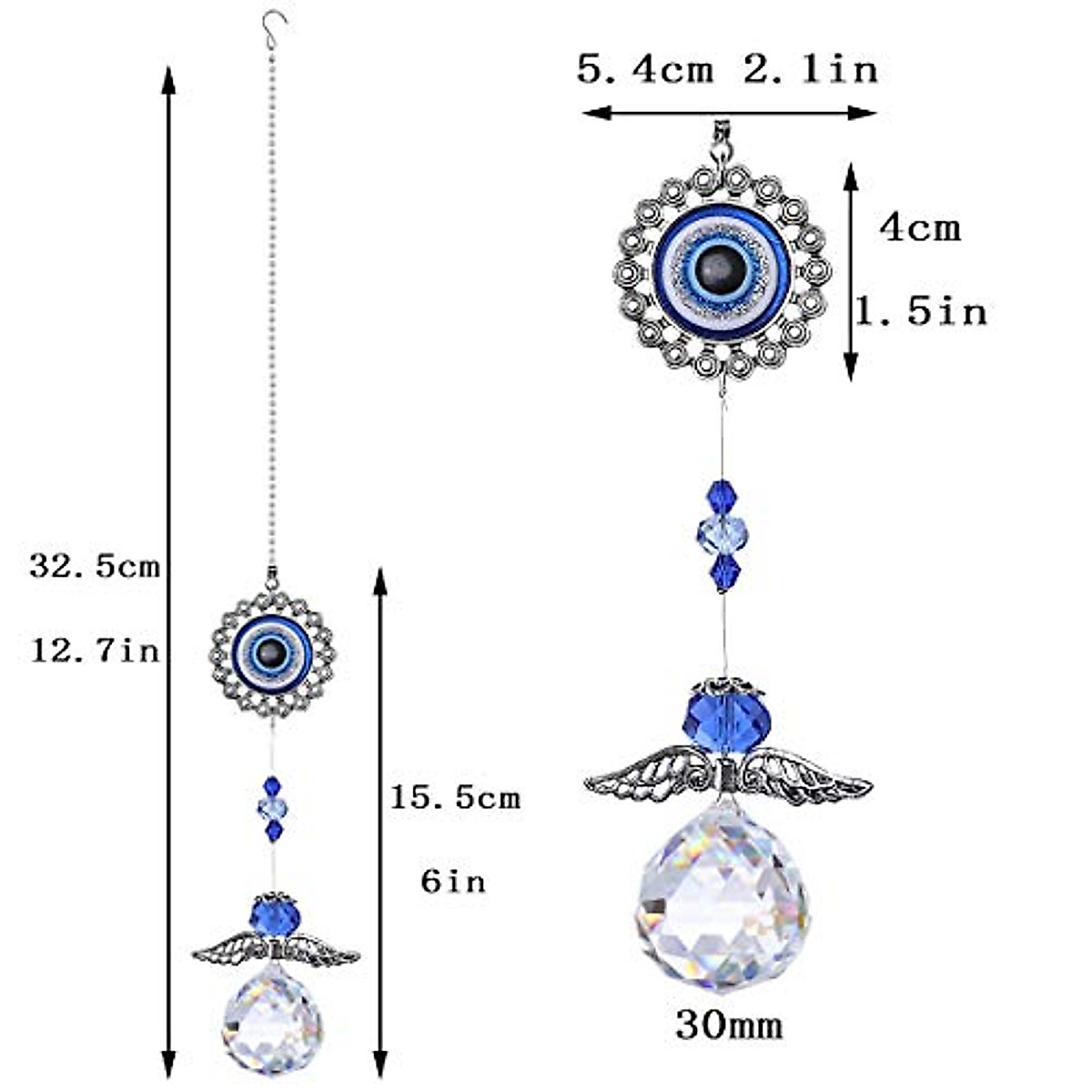 Crystal Angel Suncatcher with Feng Shui Turkish Blue Evil Eye Protection and Good Luck Charm Gift